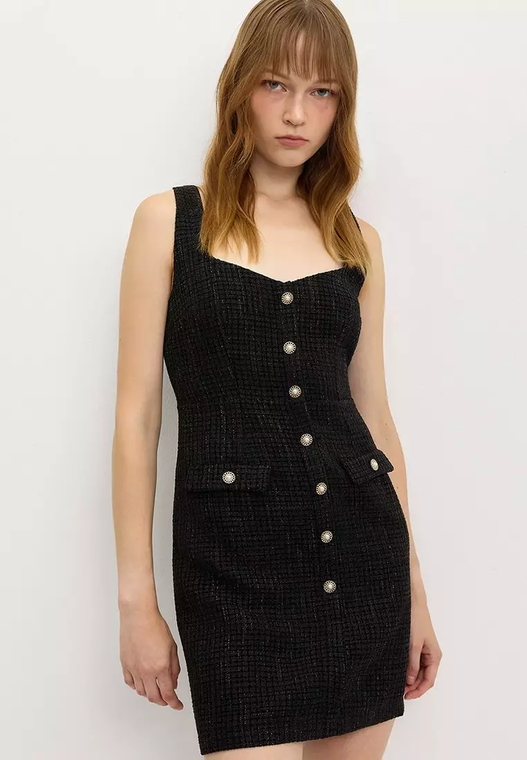 Buy Pomelo Buttoned Tweed Dress - Black 2025 Online | ZALORA