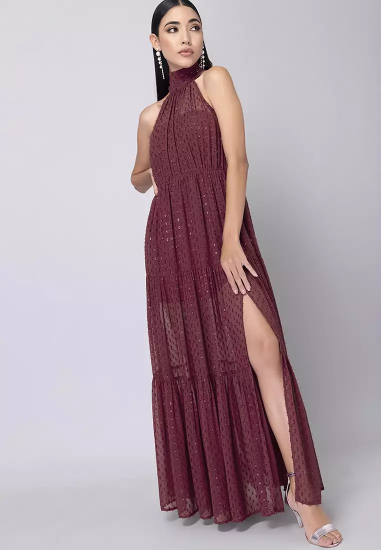 Buy Faballey Maroon Halter Neck Maxi Dress Online Zalora Malaysia