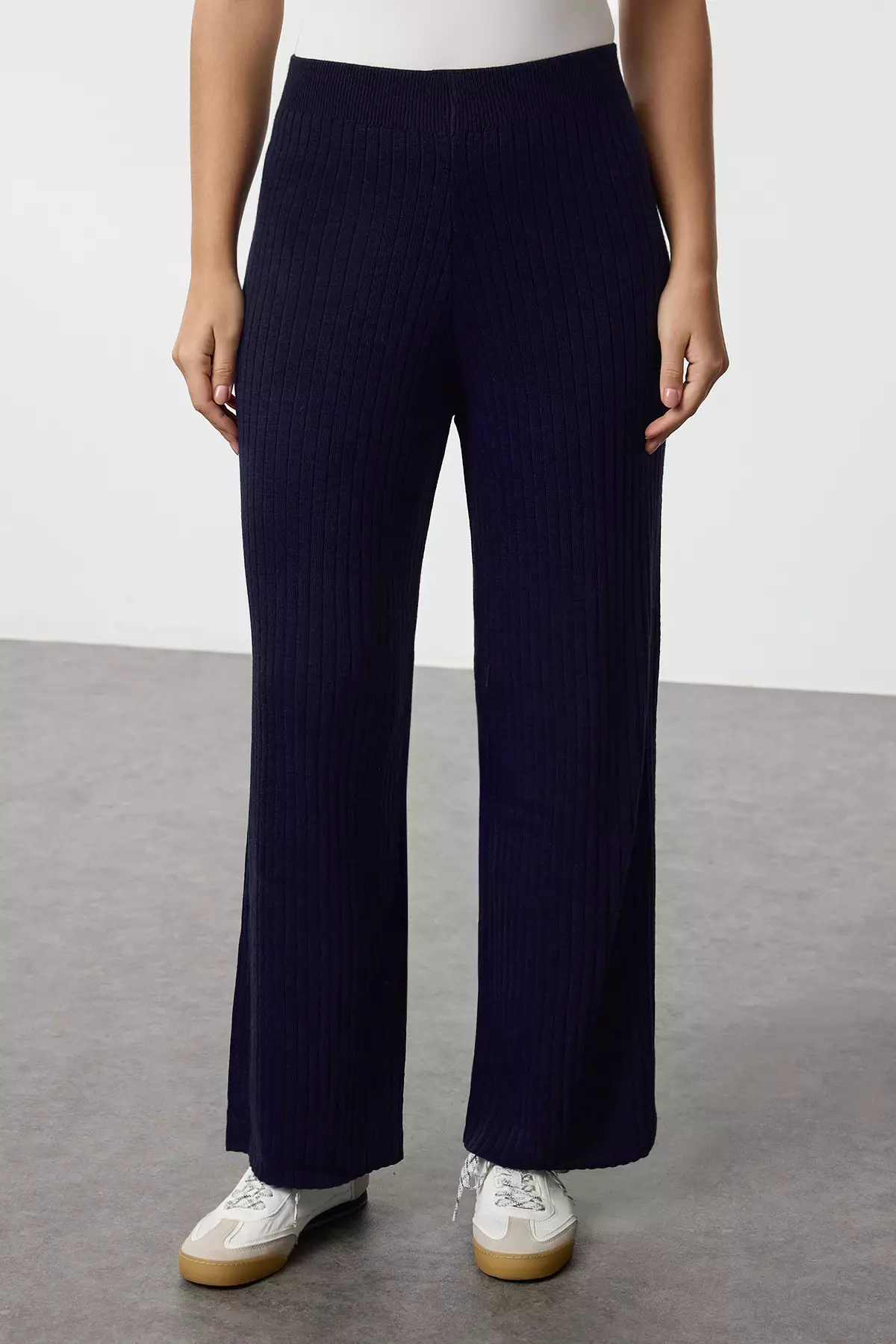 Buy Trendyol Navy Blue Color Block Ribbed Cardigan-Pants Knitwear Top ...