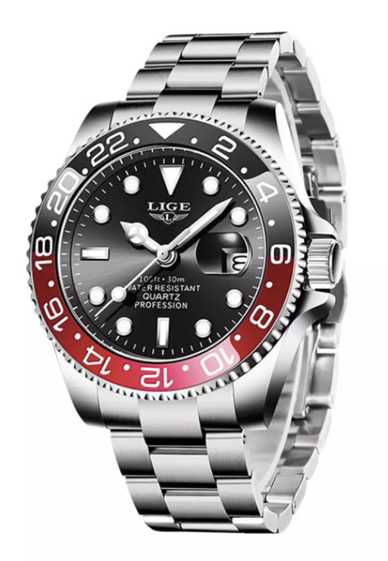 Buy LIGE Unisex Diver's Stainless Steel Quartz Watch, black and red ...