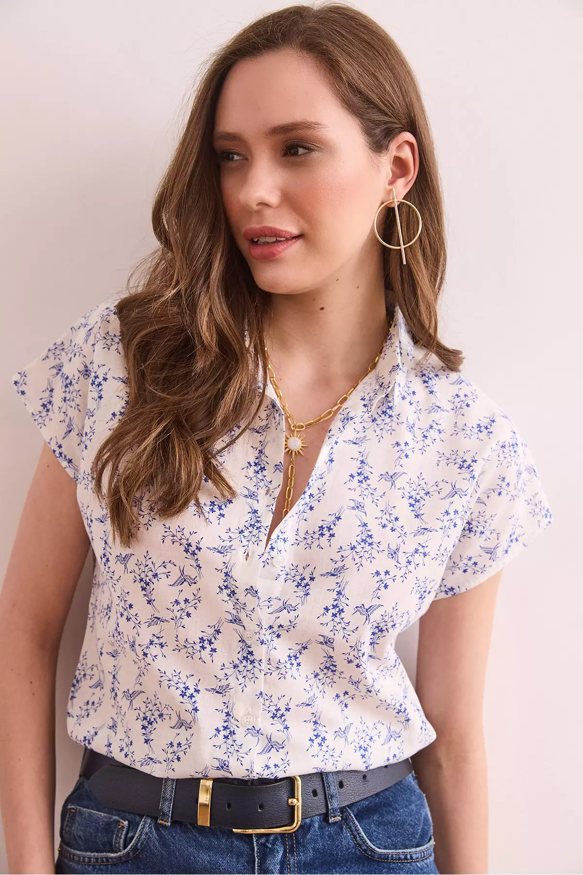 Buy Olalook Women's Tiny Flower Navy Blue Flared Linen Bat Shirt Gml- 19001317 2026 Online ...