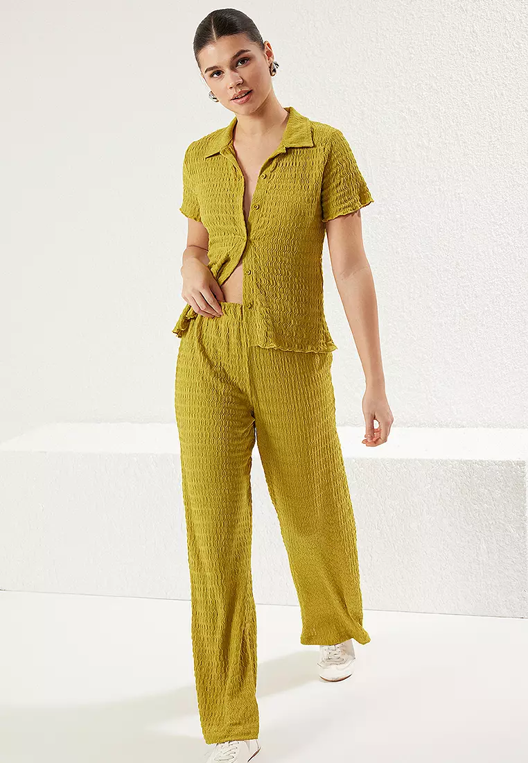 Buy Trendyol Oil Green Fitted Body Textured Flexible Knitted Top Bottom ...