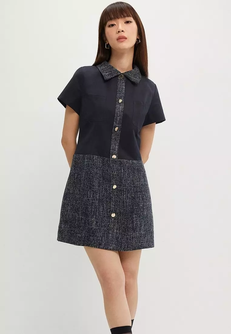 Buy Pomelo Buttoned Tweed Dress - Navy 2025 Online | ZALORA