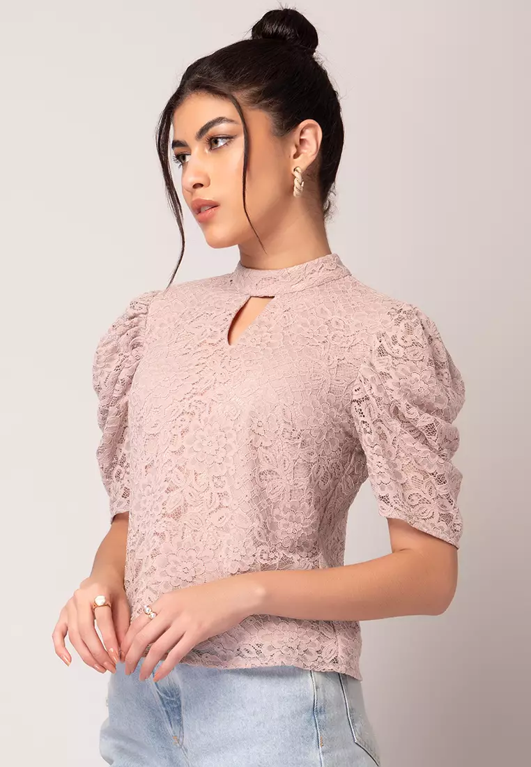 Buy FabAlley Light Pink Keyhole Neck Lace Top Online | ZALORA Malaysia