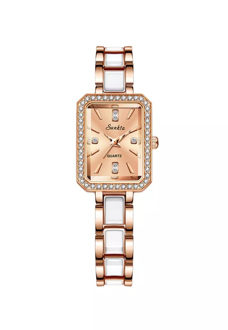 Buy LIGE SUNKTA White Ceramic Ladies Quartz Watch, 26x20mm, Crystal ...