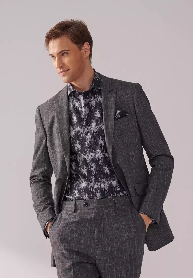 Buy SST&C Dark Grey textured Slim Suit Online | ZALORA Malaysia