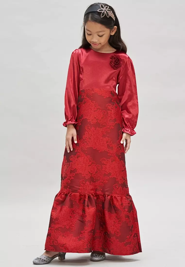 Buy Loveaisyah Girl Maroon Red Jacquard Dress with Flower Brooch Baju ...