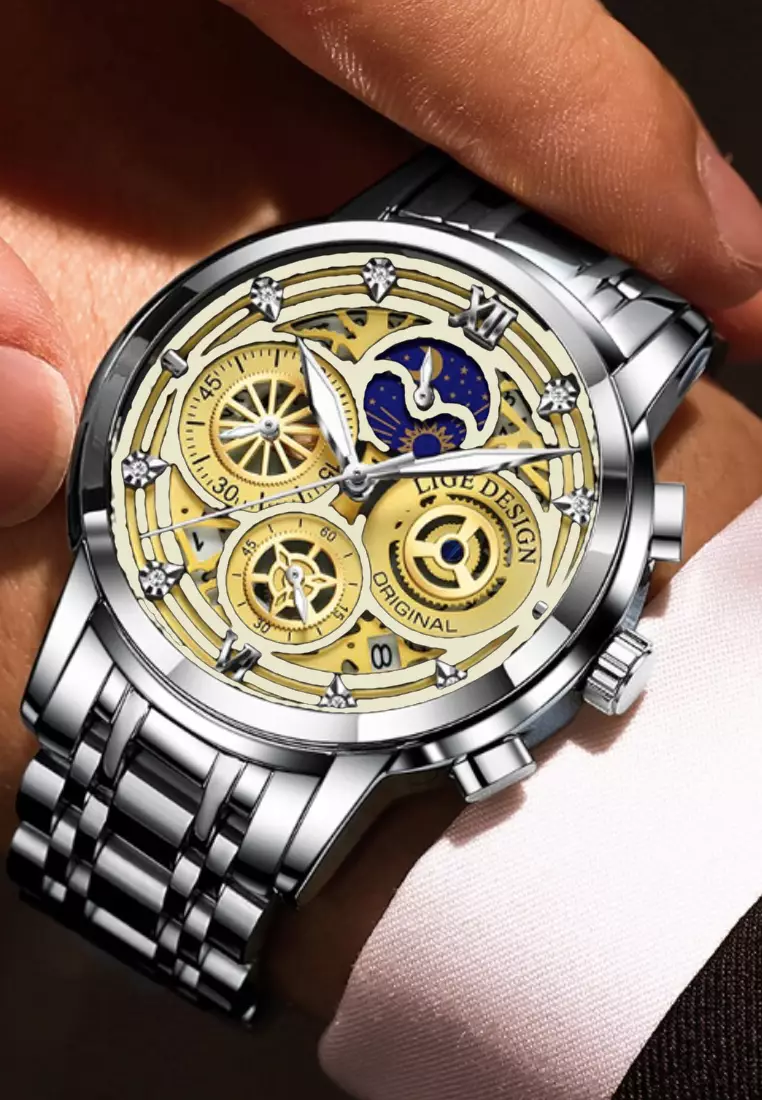 Buy LIGE Chronograph Unisex Stainless Steel Quartz Watch, Gilded color ...