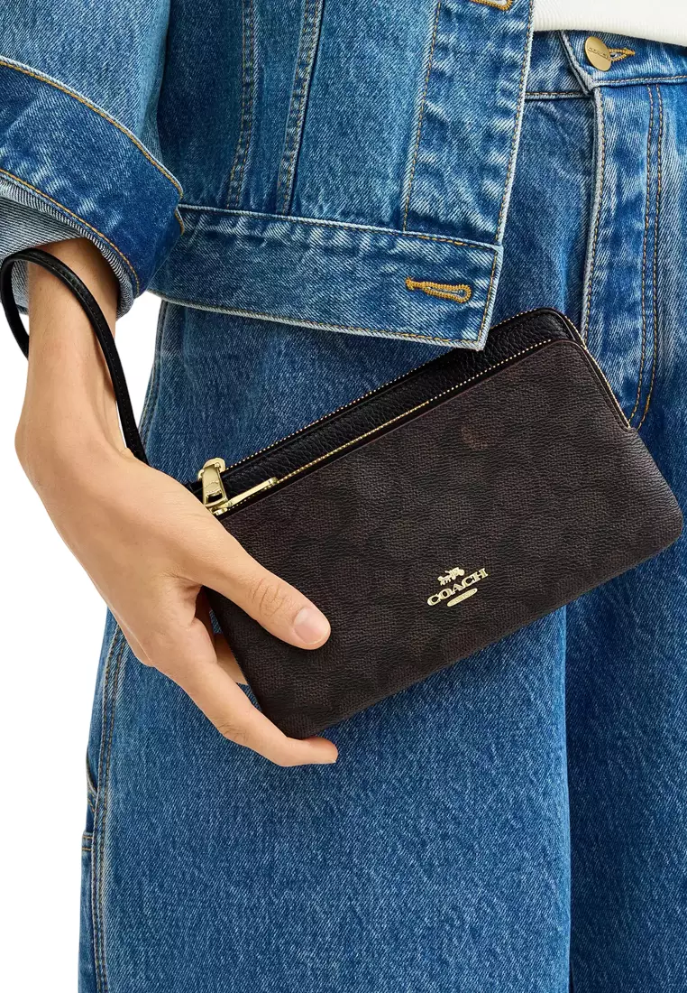 Buy Coach Double Zip Wallet In Signature Canvas - Walnut/ Black CX161 ...