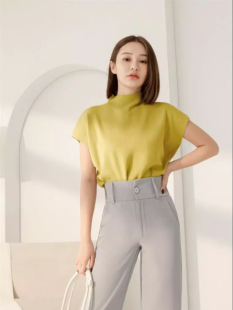 Buy OBSTYLE Flexible Knit Solid Color High Neck Drop Shoulder Short Sleeve Top [FA2740] 2025 ...