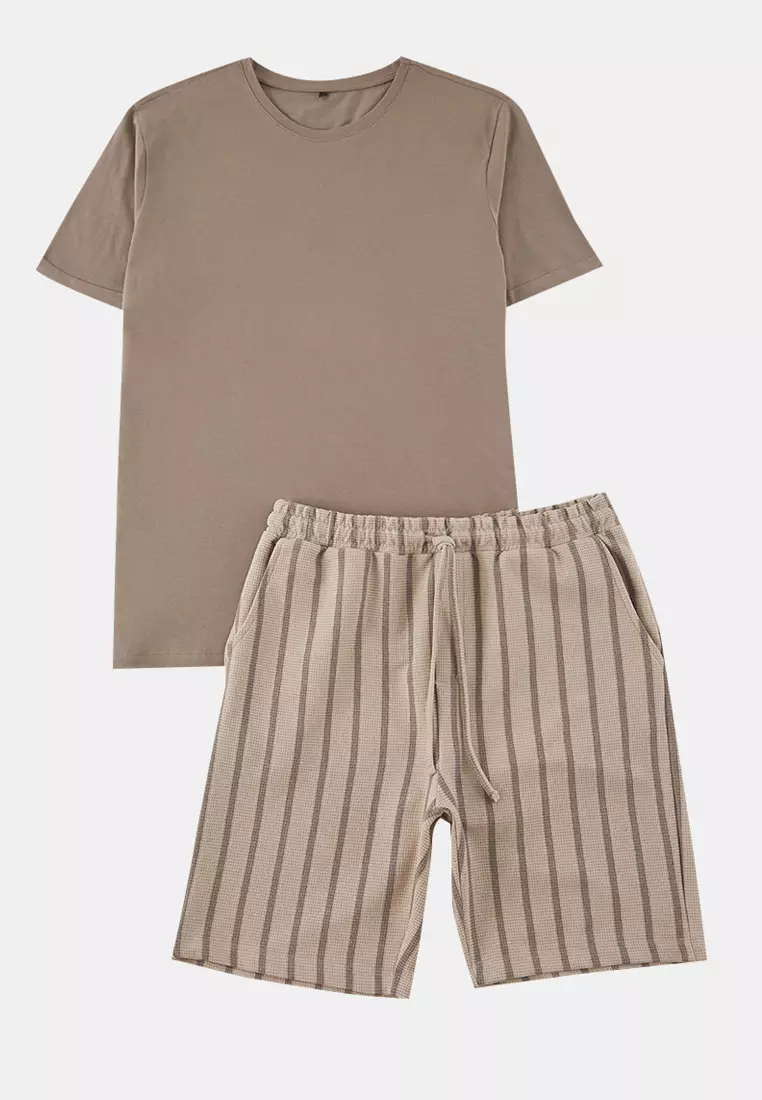 Buy Trendyol Beige Regular Fit Striped Knitted Pajamas Set ...