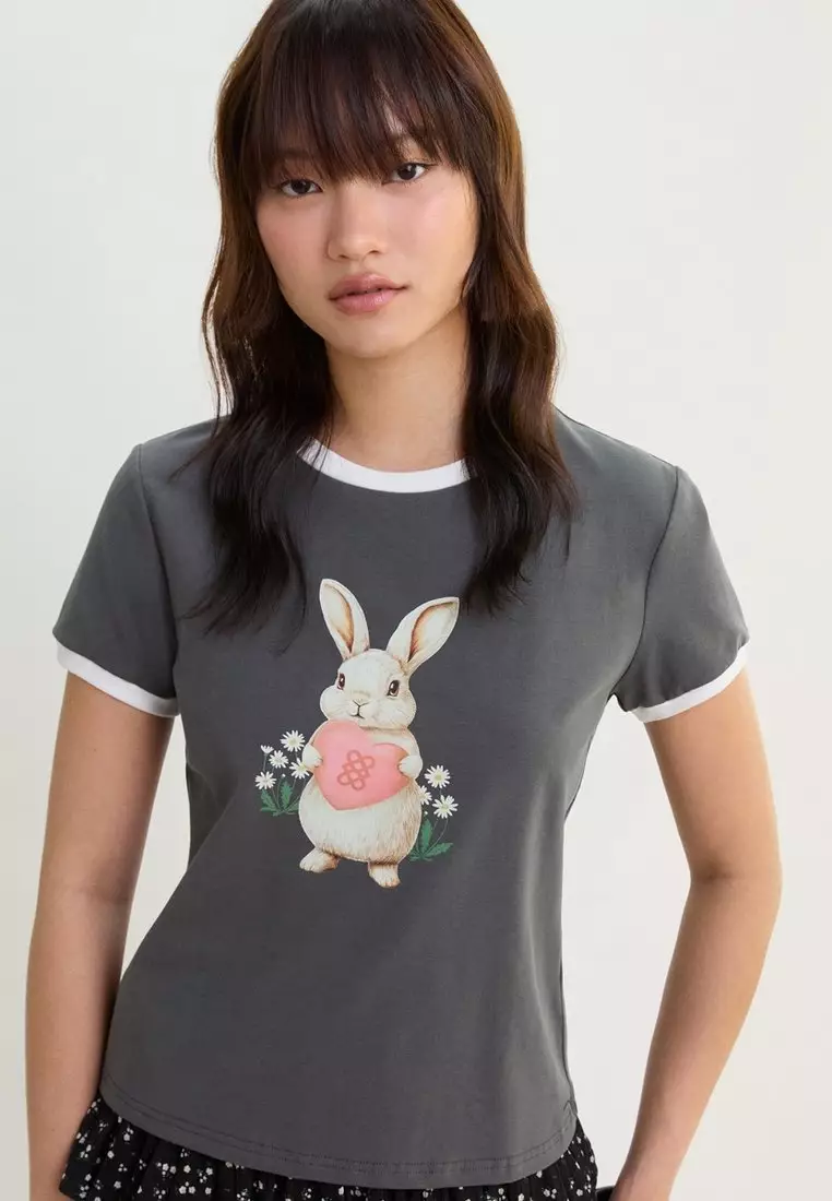 Buy Pomelo Bunny Graphic Contrast Trim Tee - Grey 2026 Online | ZALORA