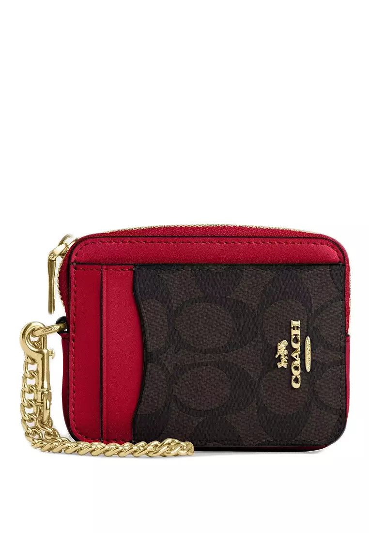 Coach Zip Card Case In Signature Canvas - Walnut/Bold Red 2025 | Buy ...