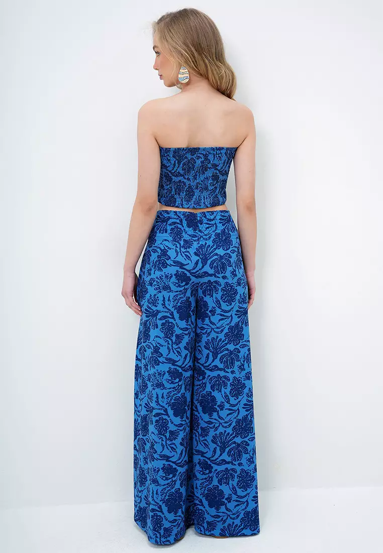 Buy Alacati Women's Navy Blue Waist Gimped Wide Leg Pants And Gimped ...
