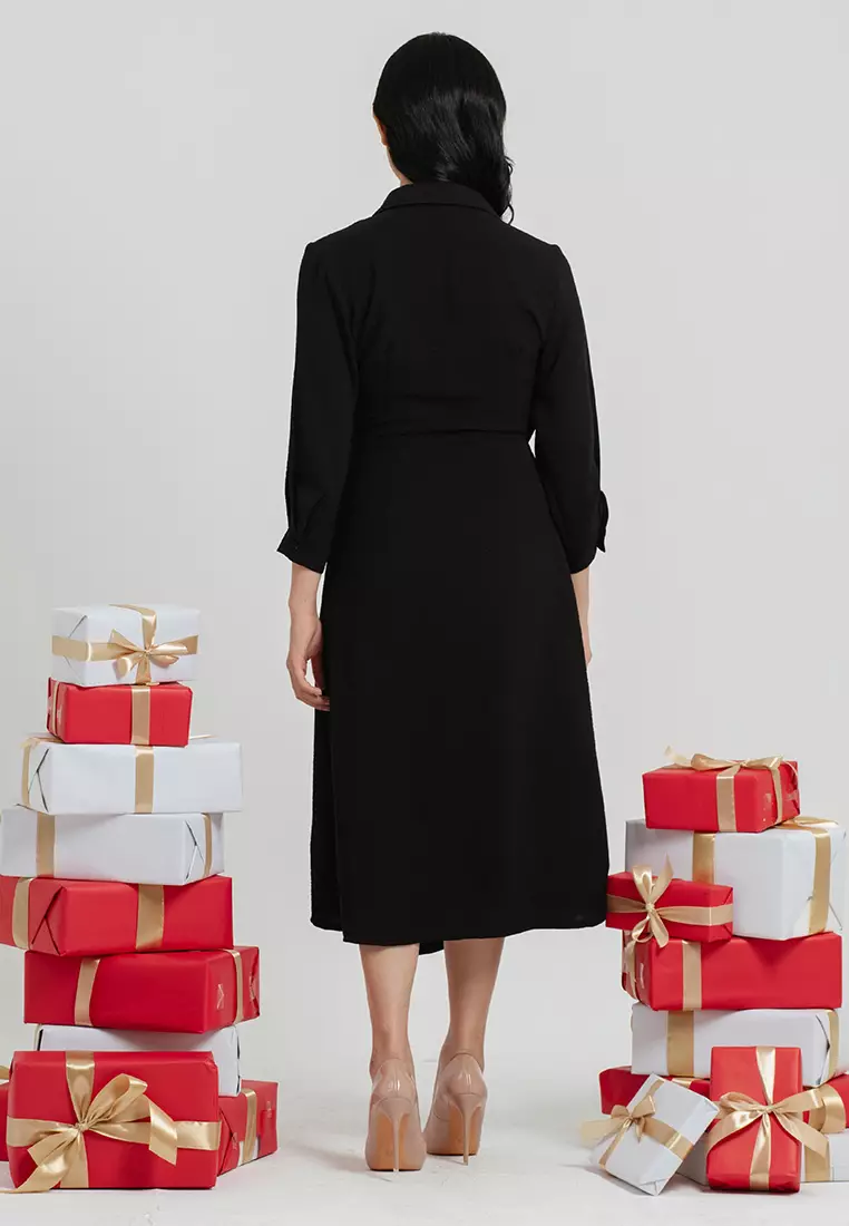 Jual Cloth Inc Overlap Drapery Midi Dress in Black Original 2025 ...