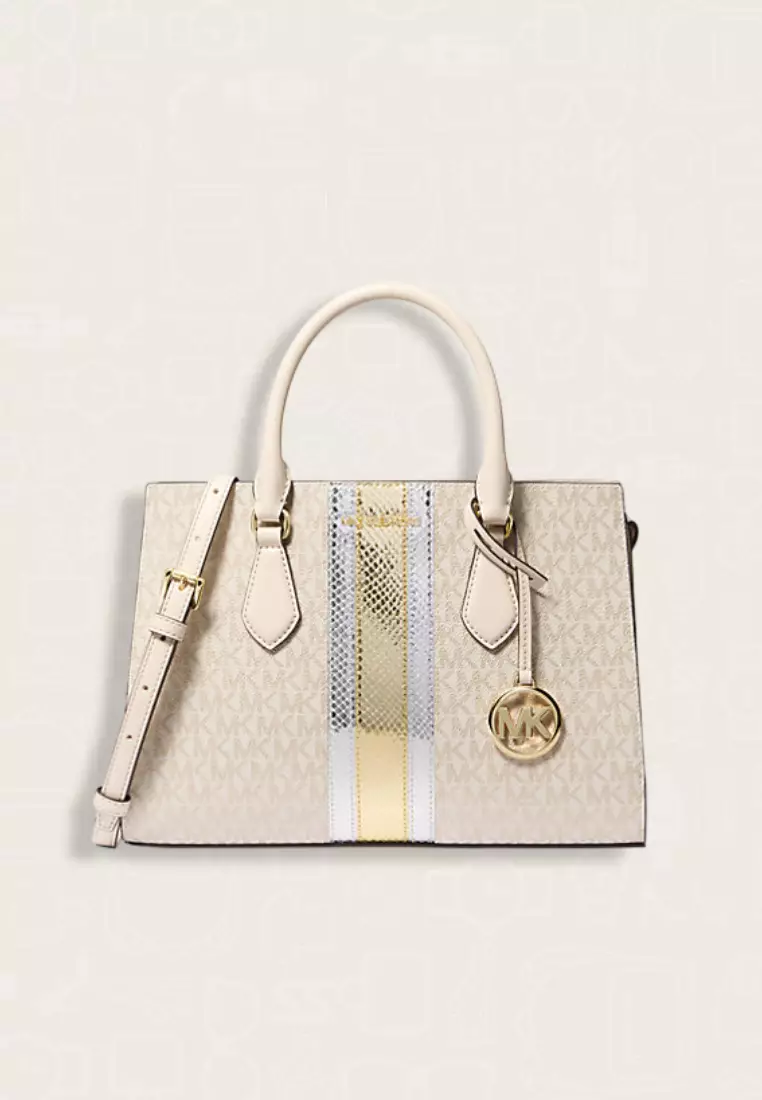 Jual Michael Kors Michael Kors Sheila Medium Signature Logo and Metallic Satchel Pale Gold ...