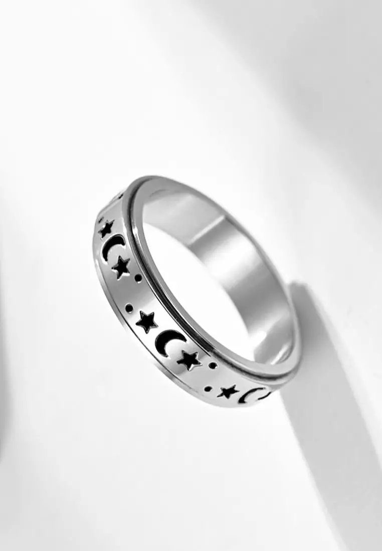 Buy HAPPY FRIDAYS Rotatable Design Stars and Moon Titanium Steel Ring ...