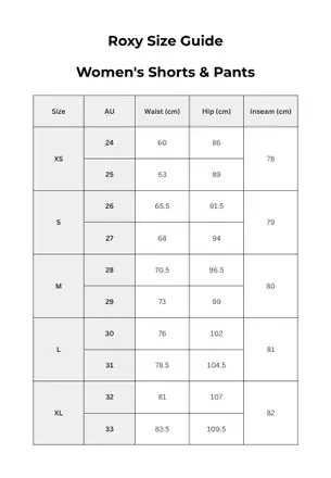 roxy shorts size chart