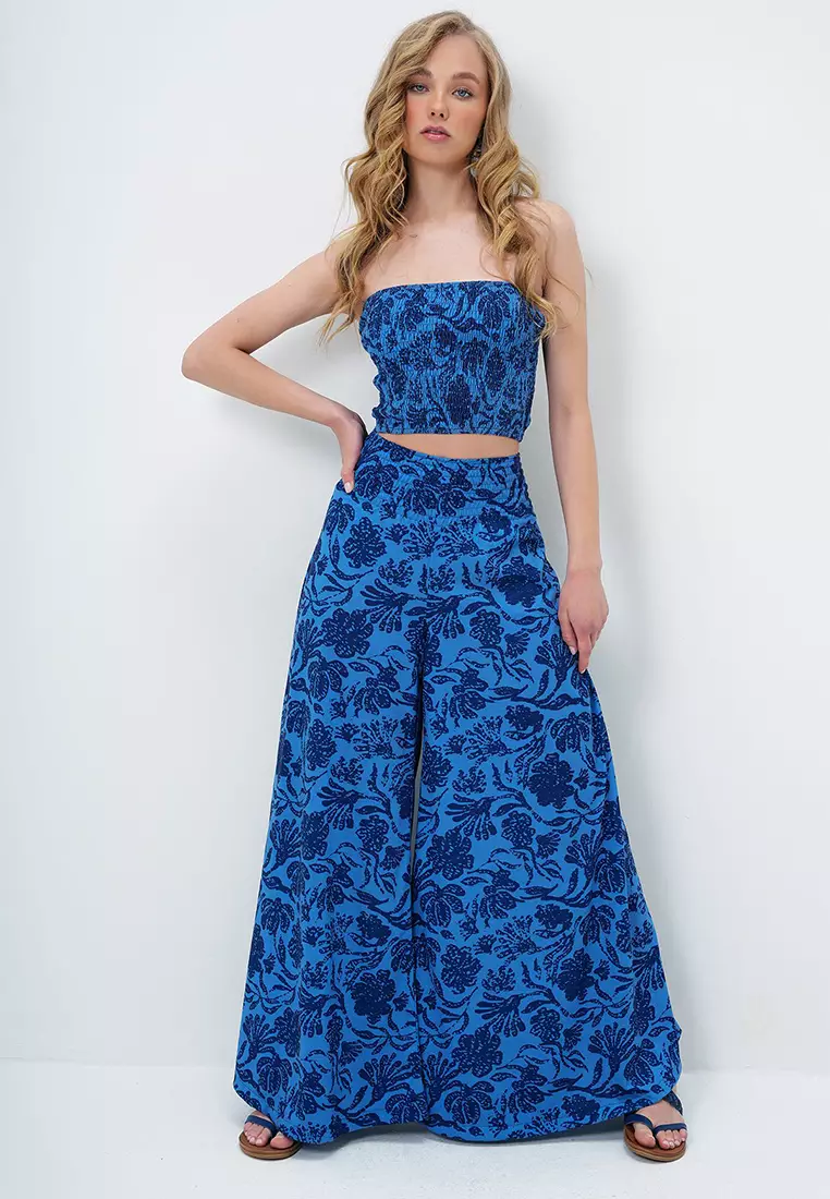 Jual Alacati Women's Navy Blue Waist Gimped Wide Leg Pants And Gimped ...