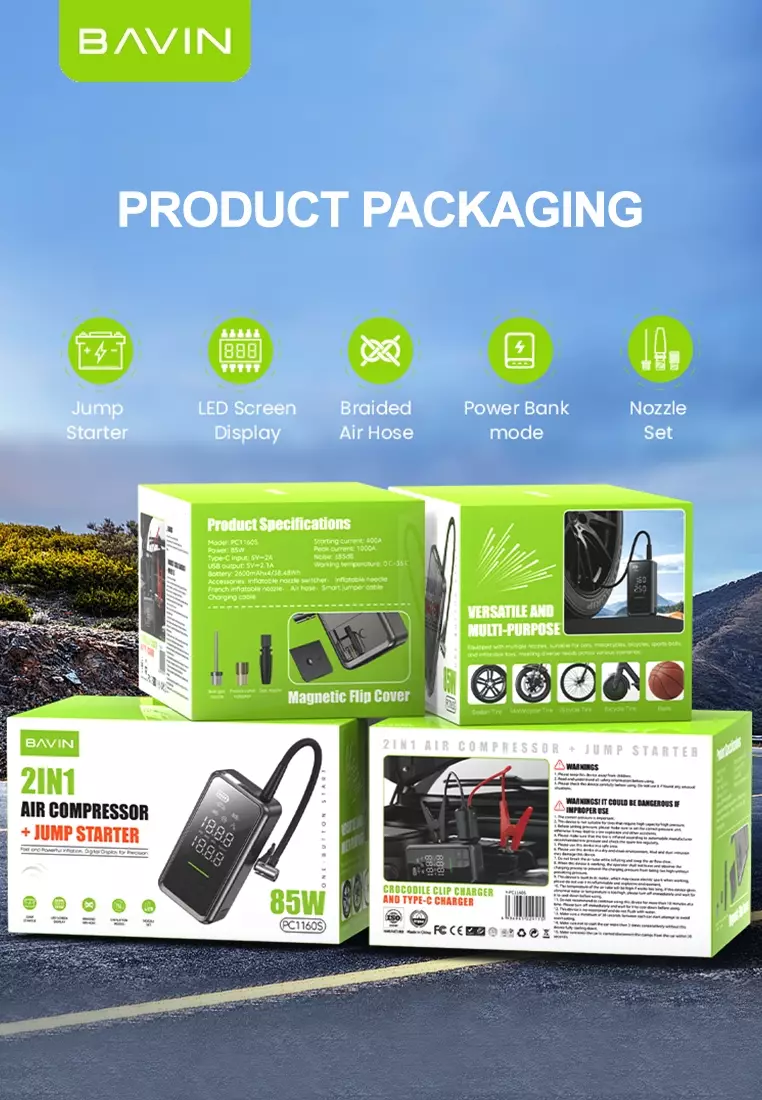 Buy BAVIN PC1160 2 IN 1 Jump Starter & Air Compressor 10400mAh Portable Rechargeable Emergency ...