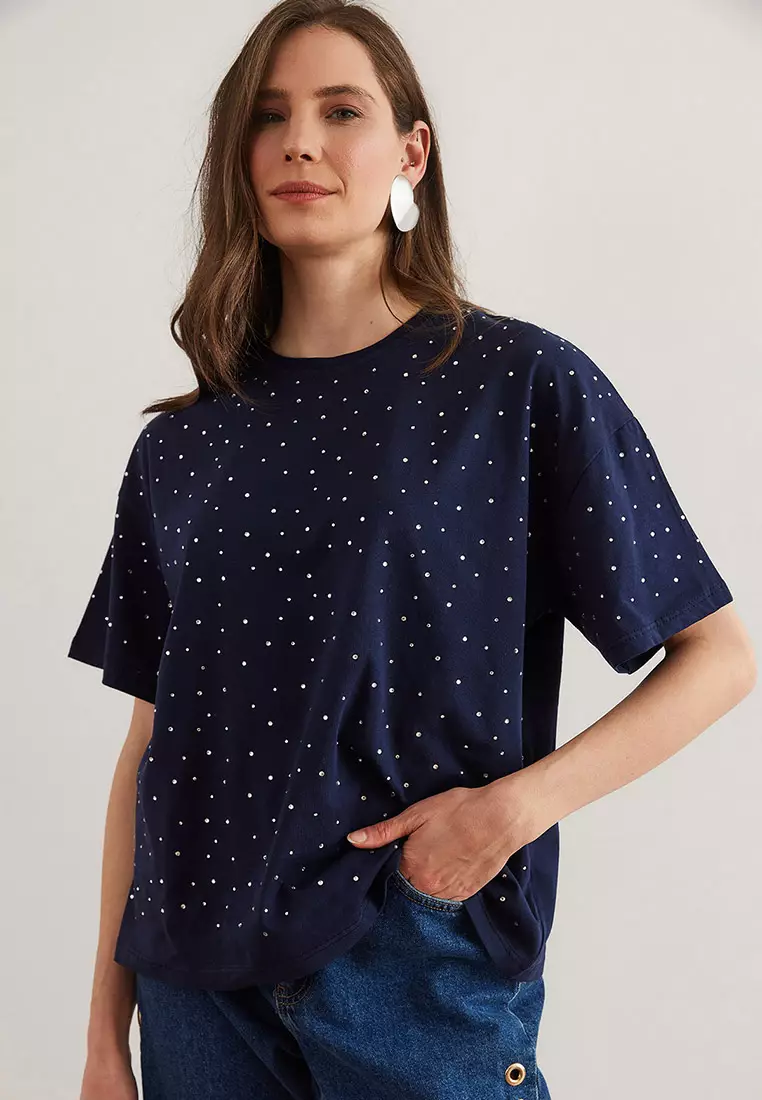 Buy Olalook Women's Navy Blue Print Stone Detailed Regular Fit T-Shirt ...