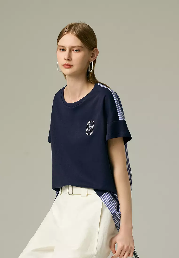 Buy OBSTYLE Contrast Fabric Striped Embroidered Loose Top [HA0198] 2026 ...