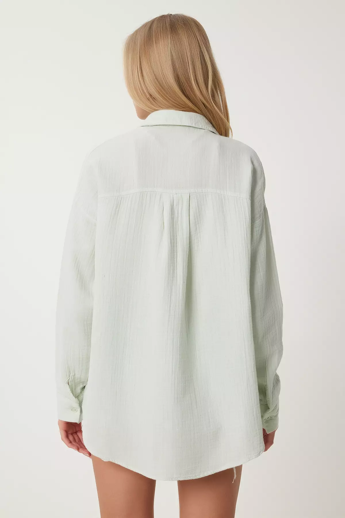 Buy Happiness Istanbul Women's Aqua Green Oversize Basic Muslin Shirt ...