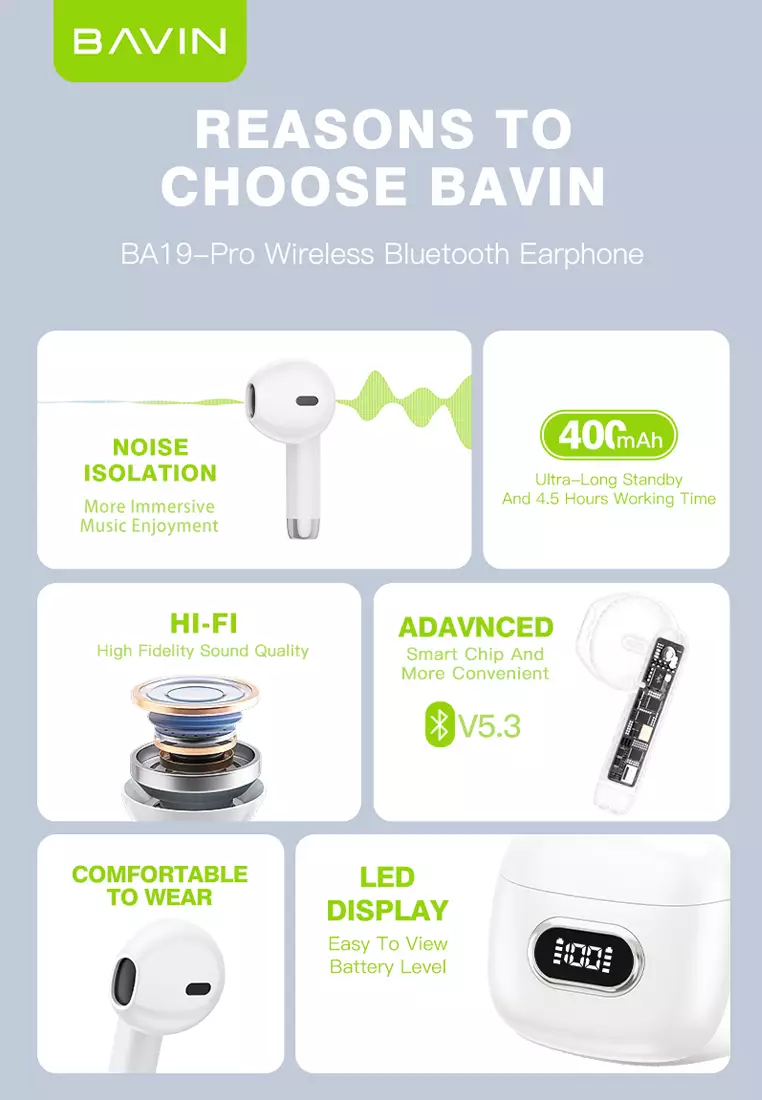 Buy BAVIN BA19Pro TWS Wireless Bluetooth Earphone LED Battery Display ...