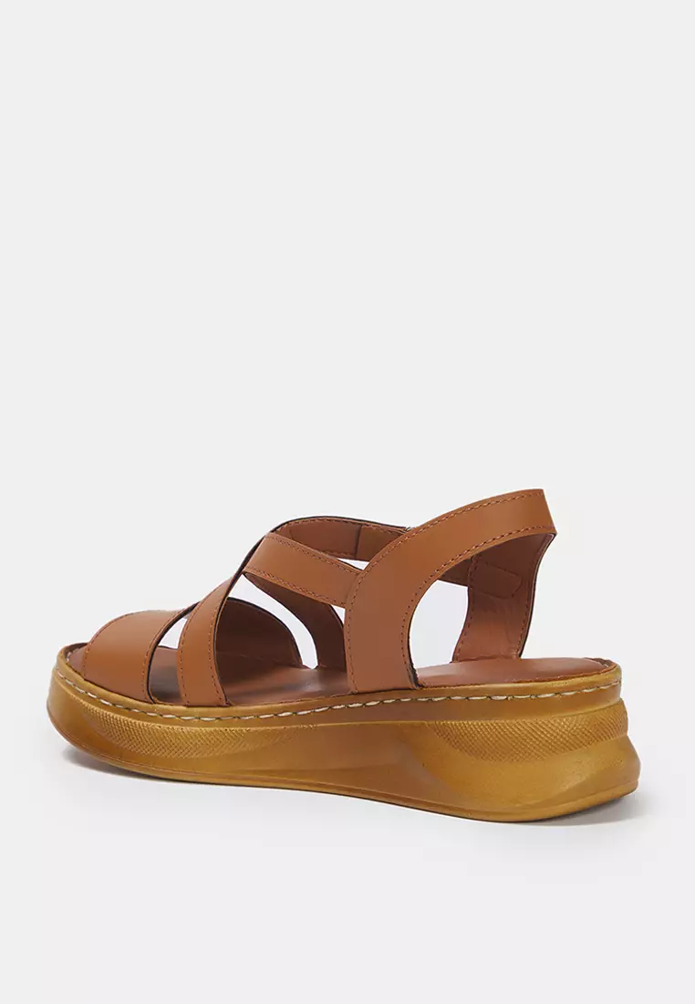 Buy Trendyol Tan Cross Velcro Straps Extra Comfortable Flat Women's ...