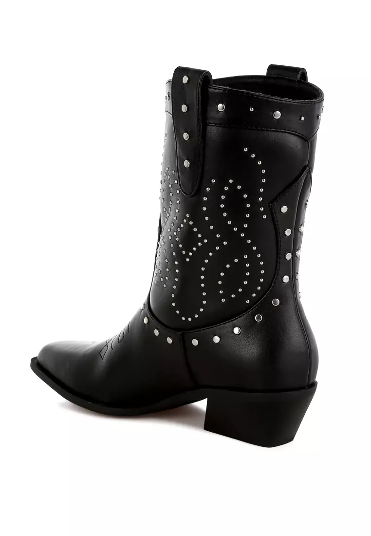 Buy London Rag Studded Embroidery Cowboy Boots in Black 2025 Online ...