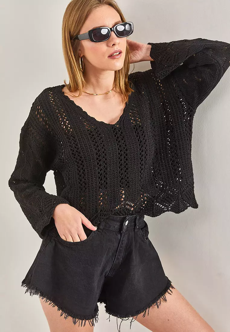 Buy Bianco Lucci V-Neck Openwork Knit Top 2025 Online | ZALORA