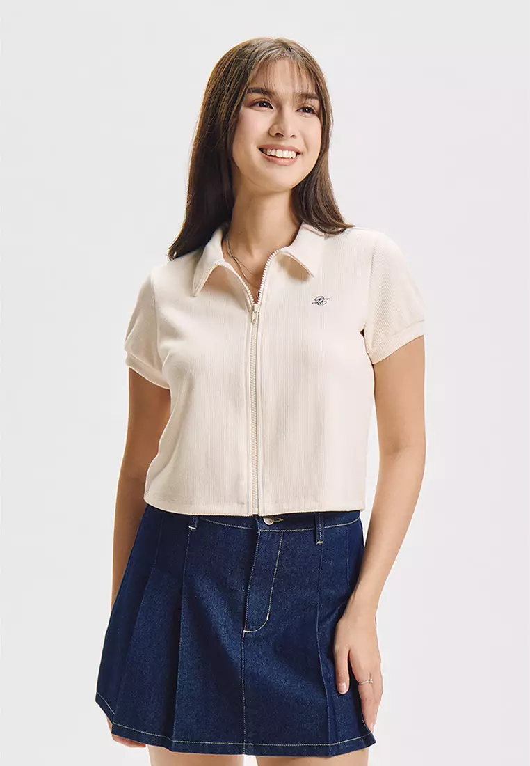 Buy Penshoppe Puff Sleeve Zip Ribbed Knit Polo with Embroidery 2026 ...