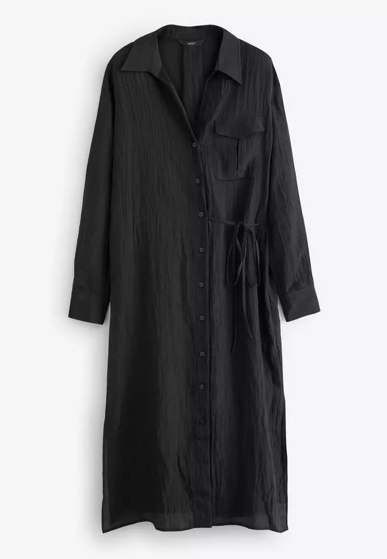 Buy NEXT Tie Front Long Sleeve Textured Utility Shirt Dress 2026 Online ...
