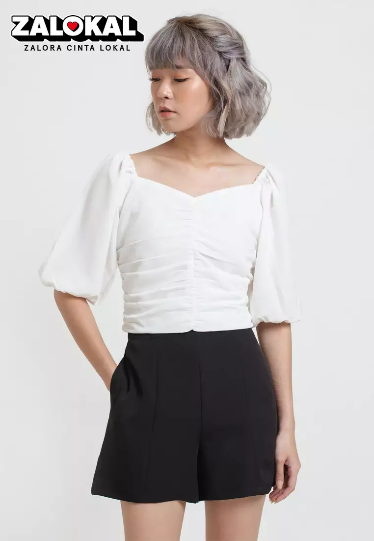 Jual Cloth Inc Ruched Puff Sleeve Blouse in White Original 2024 | ZALORA Indonesia