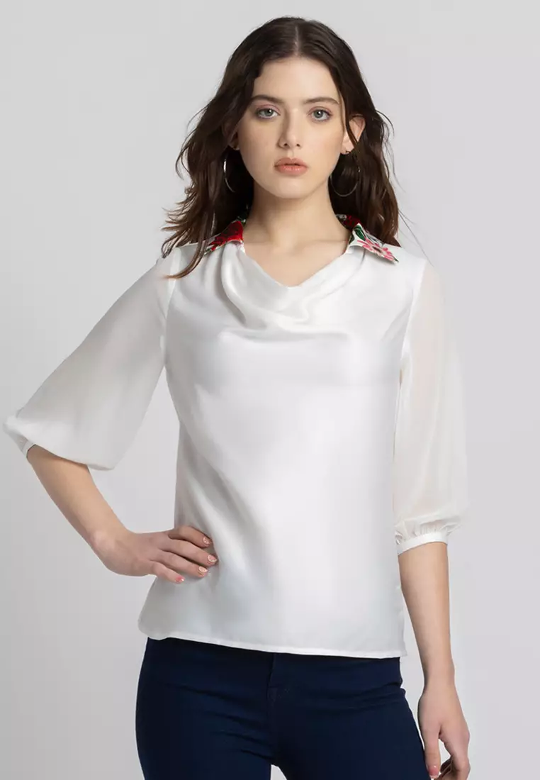 Buy Shaye White Contrast Collar Cuff Sleeves Blouse 2024 Online | ZALORA