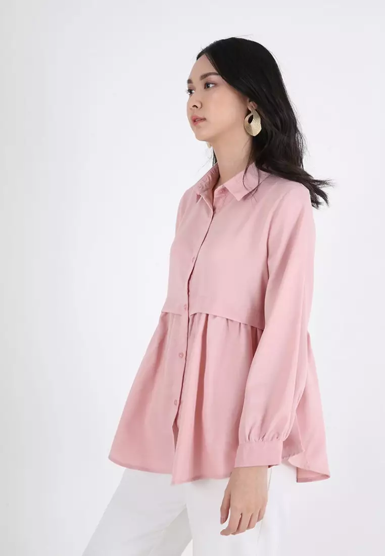 Jual Sorabel Hiucha Plain Gathered Long Shirt Pink Original 2024 ...