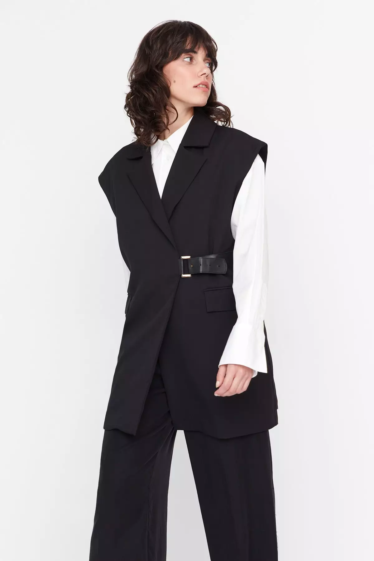Buy Trendyol Black Waist Half Belt Closure Woven Vest Tctaw23Yl00006 ...