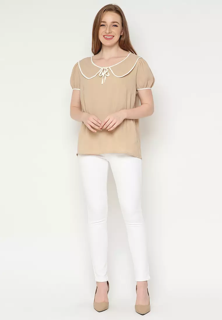 Jual Mobile Power Short Sleeve Blouse Brown Mobile Power Ladies ...