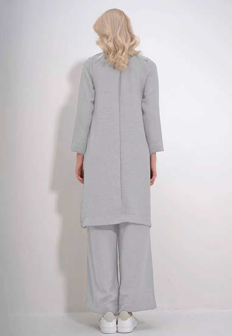 Buy Alacati Women's Gray Crew Neck Side Slits and Cuffs Tunic and ...