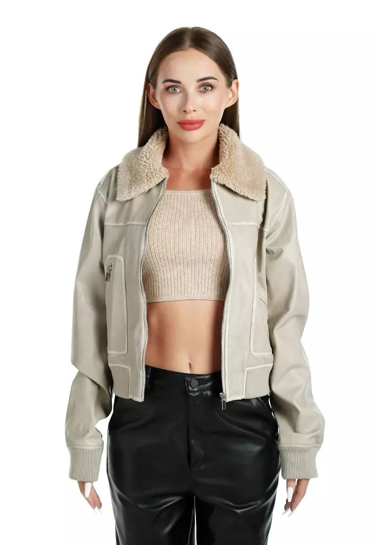 London Rag Faux Fur Contrast Collar Cropped Jacket In Stone 2024 | Buy ...