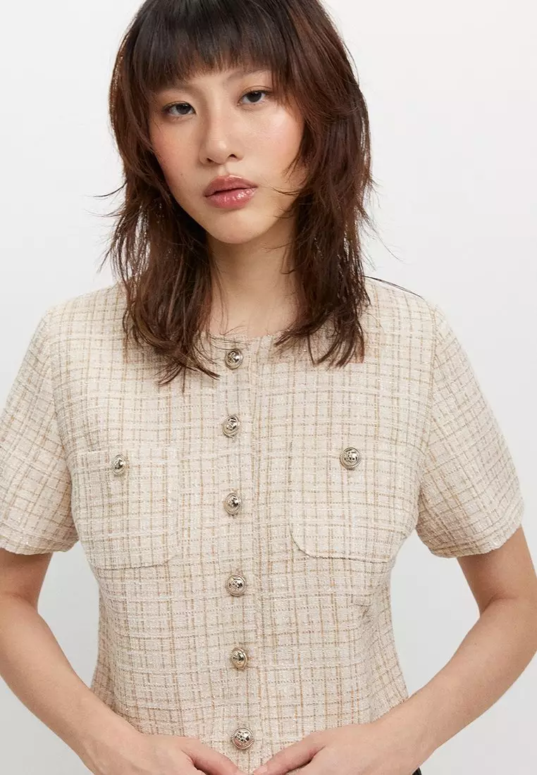 Buy Pomelo Tweed Button-Up Blouse - Beige 2025 Online | ZALORA