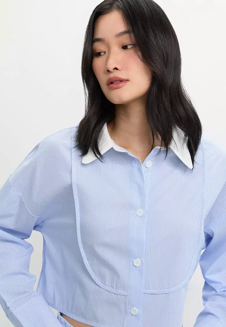 Buy Pomelo Cropped Stripe Shirt - Baby Blue 2025 Online | ZALORA