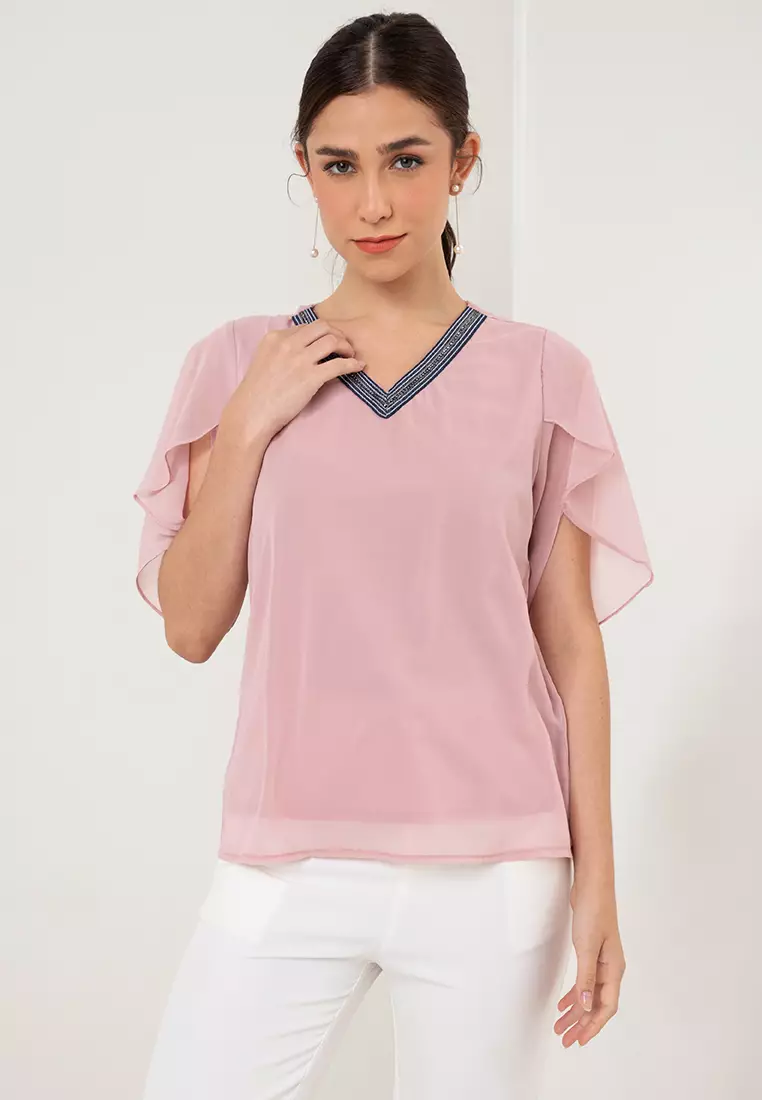 Buy Krizia V-neck Trimming Overlap Sleeve Blouse 2024 Online | ZALORA ...