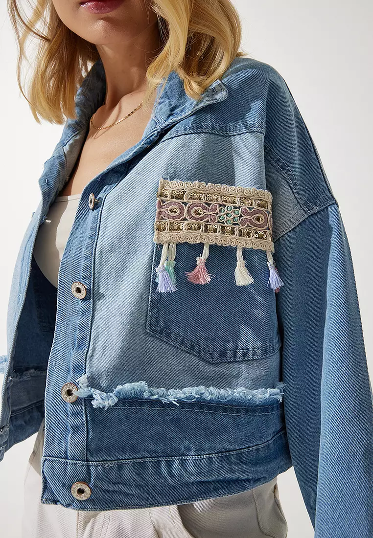 Buy Happiness Istanbul Tassels Detail Denim Jacket 2025 Online | ZALORA