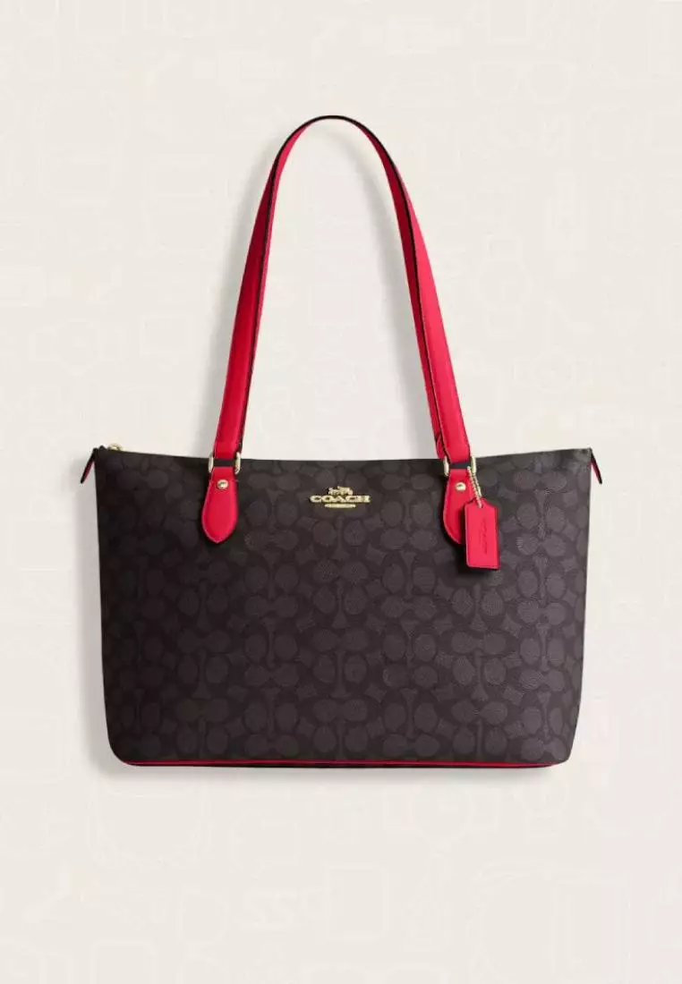 Jual Coach Coach Gallery Tote Bag In Signature Canvas Walnut Bold Red ...