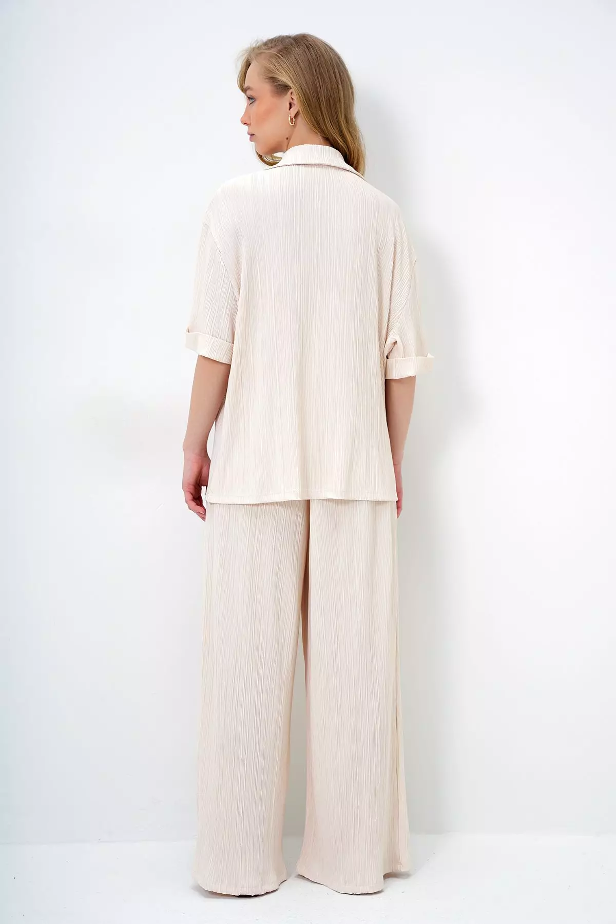 Buy Alacati Women's Beige Double Cuff Gold Button Detailed Pleated ...