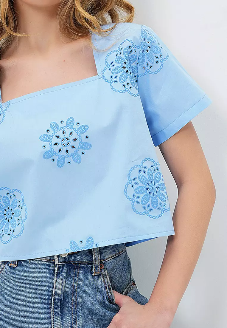 Buy Alacati Women's Baby Blue Square Neck Guipure Premium Woven Crop ...