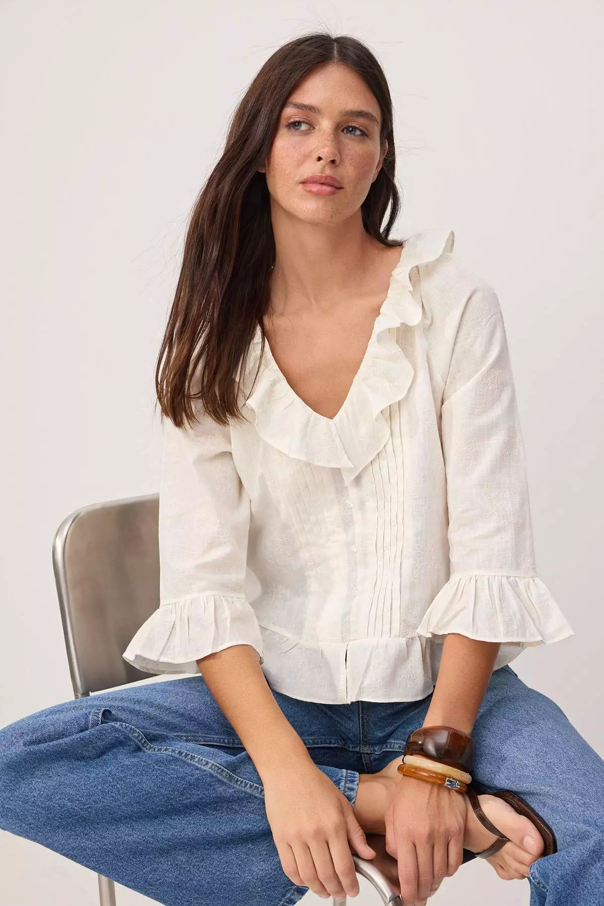 Buy Trendyol White Ruffle Detailed Self Patterned Woven Blouse ...