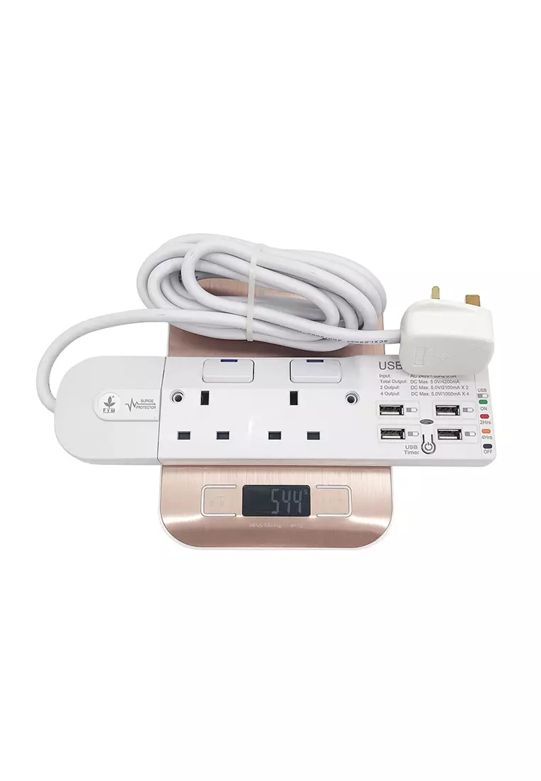 FYM White 2X13A LED Switched+4USB-A Max 4.2A Time Control 2H/4H Surge ...