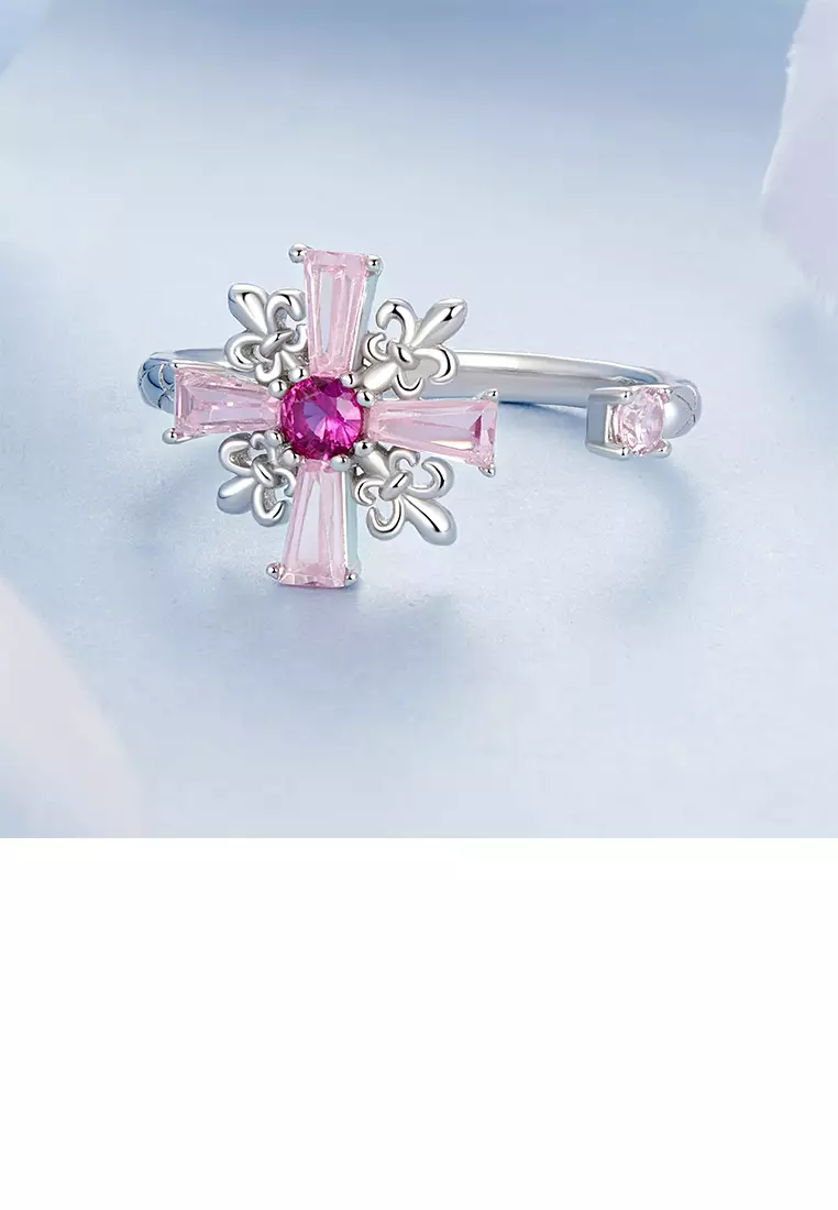 Mooclife 925 Sterling Silver Fashion Pink Iris Cross Adjustable Open Ring with Cubic Zirconia ...